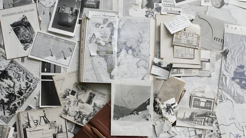 A Collection of Maps, Photographs, and Notes Scattered on a Surface ...