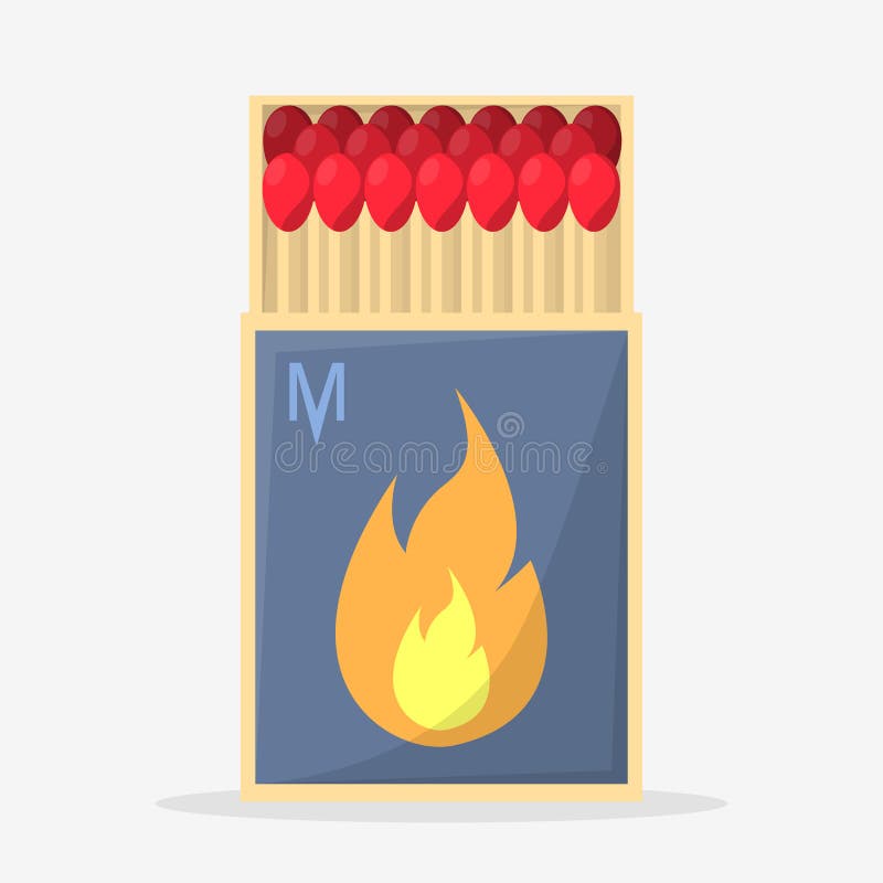 Collection of Matches. Burning Match with Fire, Opened Matchbox. Flat ...