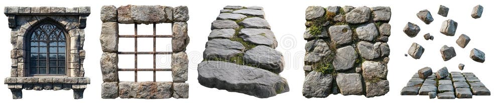 Collection of Medieval Stone Structures Including Windows, Paths, Walls ...