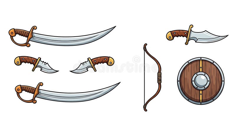 Collection of medieval weapons including swords, daggers, bow, and ...