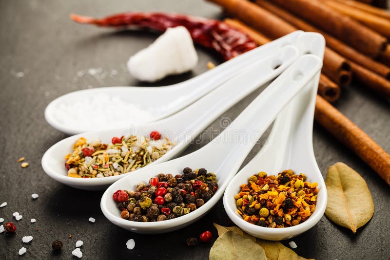 Collection of Mediterranean Spices, Rosemary, Basil, Laurel Leaves and ...