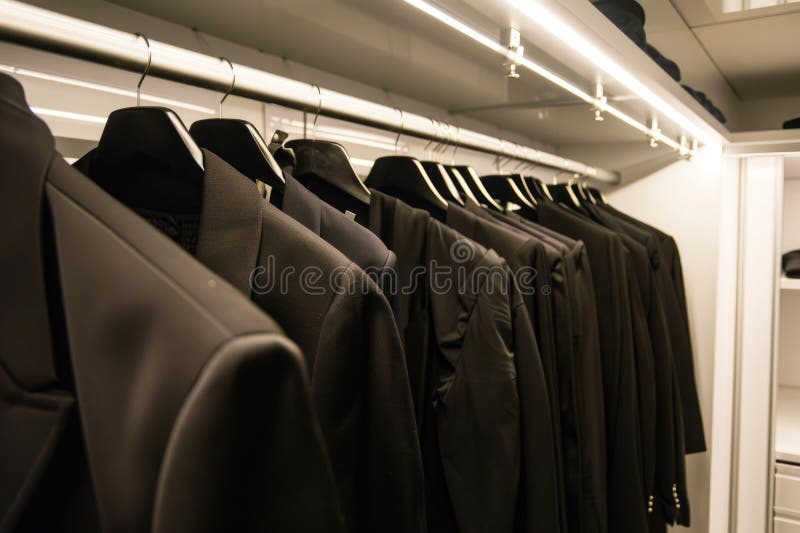 A Collection of Men S Suits Hanging on Hooks in a Closet Stock Image ...