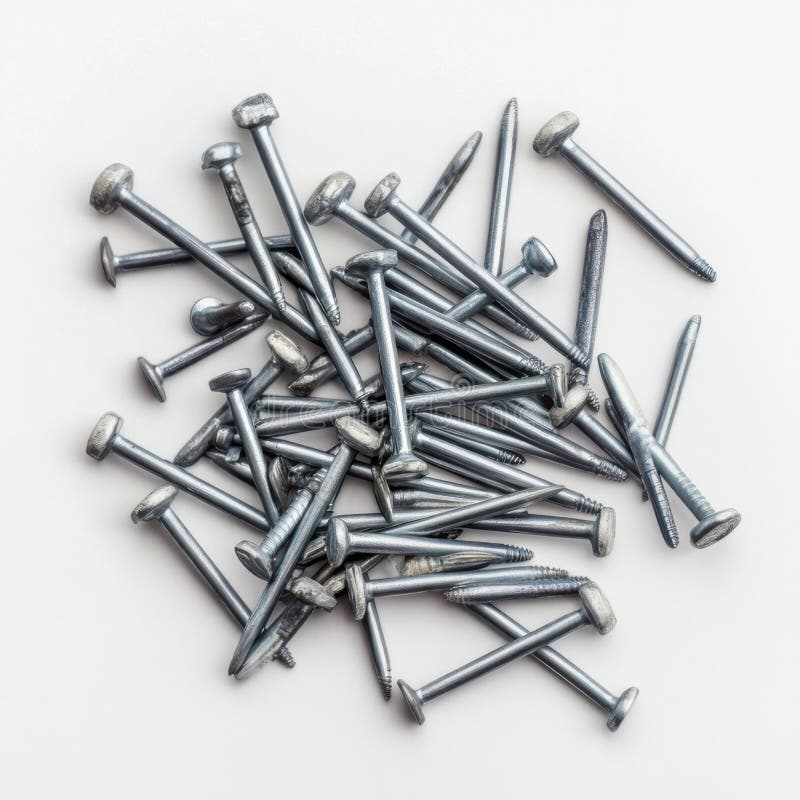 Collection of Metal Nails Scattered on a Light Surface, Showcasing ...