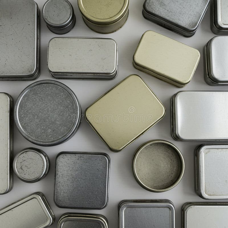 A Collection of Metal Tins in Various Shapes and Sizes, Including Round ...
