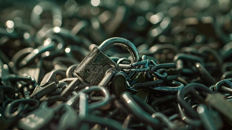 A Collection of Metallic Chains Stacked Together with a Lock Securely ...