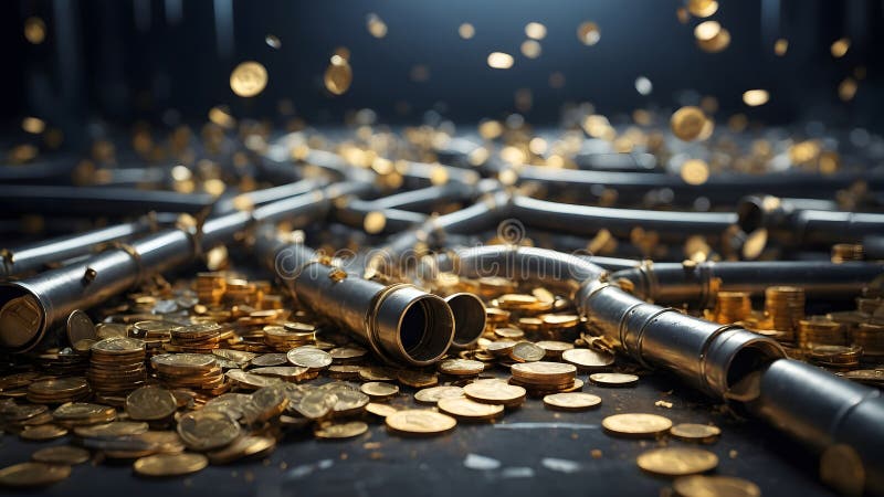 Abandoned Pipes Scattered with Treasure Coins in a Dimly Lit Setting ...