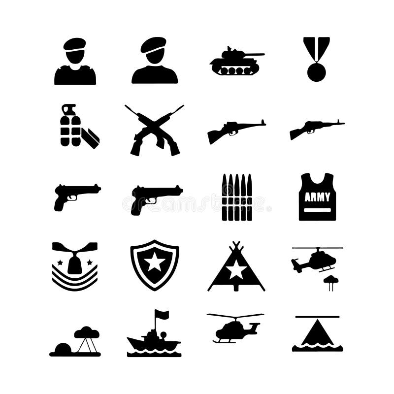 A Collection of Military-themed Black Silhouette Icons Arranged in a ...