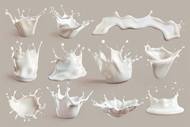 A Collection of Milk Splashes in Different Shapes and Sizes Stock ...