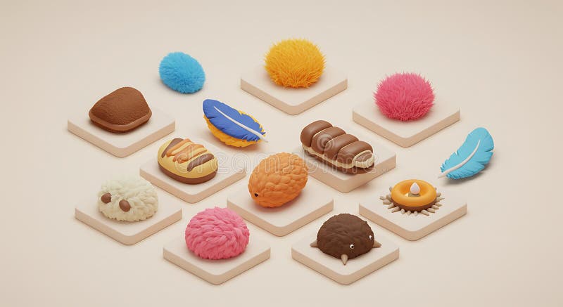 Collection of Miniature Objects on Beige Background Stock Illustration ...