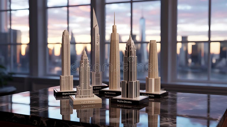 Collection of Miniature Skyscraper Models on a Reflective Surface Stock ...