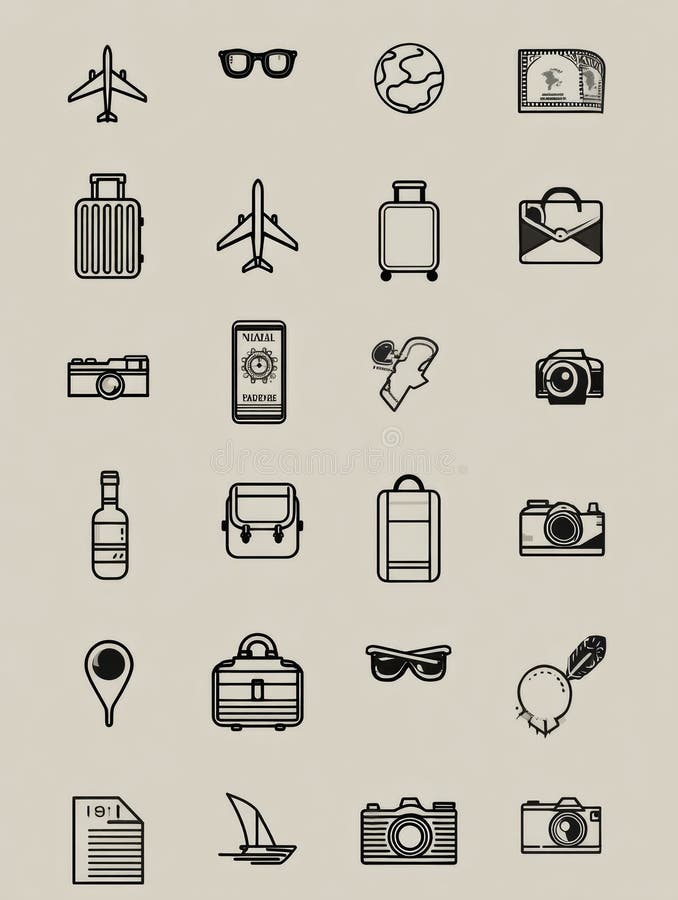 Collection of Minimal Travel Icons Featuring Essential Elements for ...