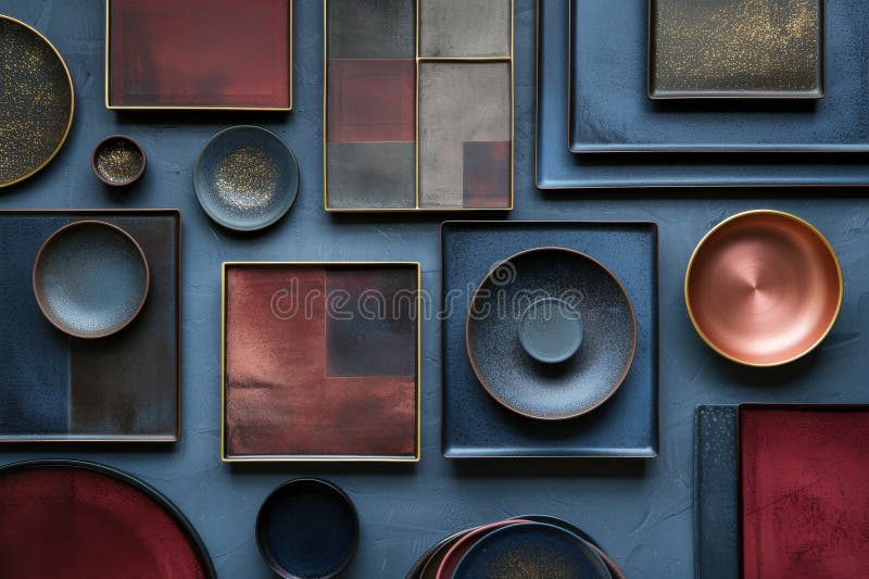 Minimalistic Dark Blue and Red Ceramic Plates on Textured Background ...