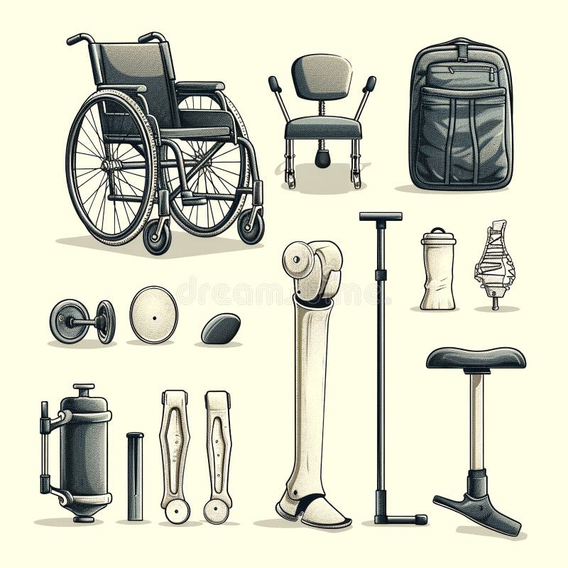 Various Mobility Aids and Prosthetics Displayed on a Light Background ...