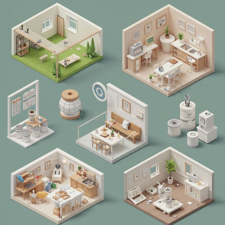 A Collection of Model Rooms and Objects in a Stylized, Miniature ...