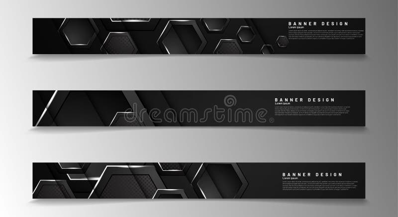 Collection of Modern Abstract Style Banners. Dark Black Hexagon and ...