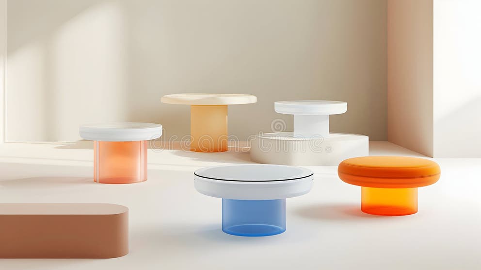 A Collection of Modern, Colorful Tables in a Minimalist Setting Stock ...