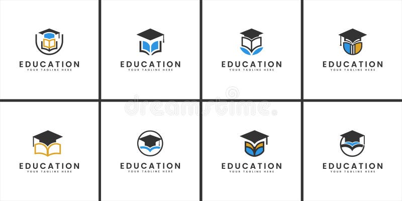 Collection of Modern Geometric Education Logos Featuring Graduation Caps and Open Books ...