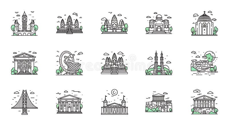 World Landmarks Line Icon Set Stock Vector - Illustration of symbol ...