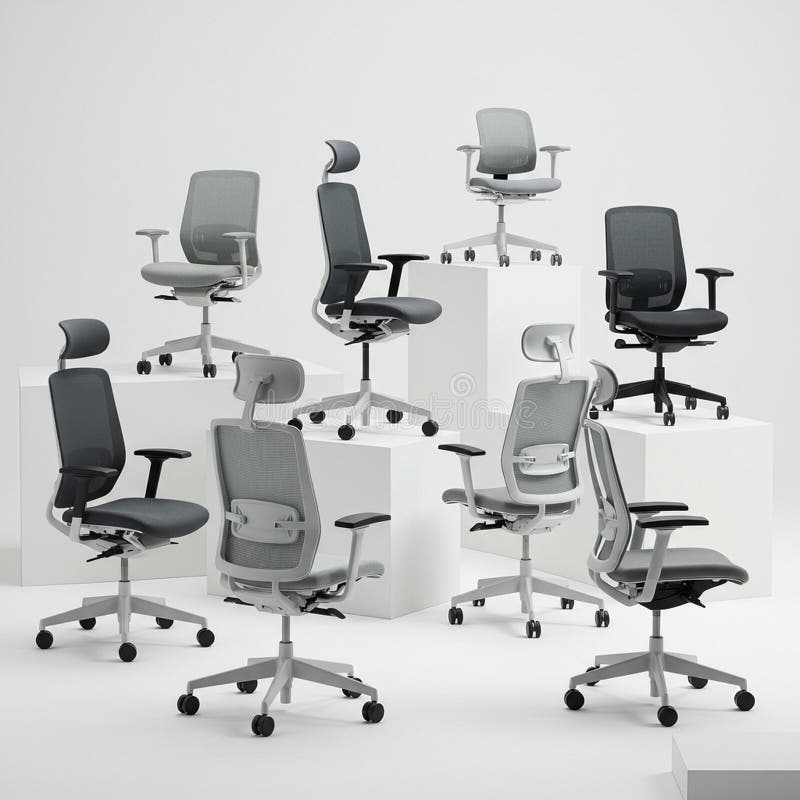 A Collection of Modern Office Chairs Displayed on Raised Platforms ...