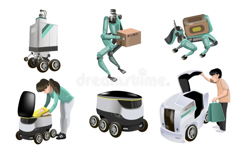 Collection with Modern Robots Delivery Methods. Robots with Boxes and ...