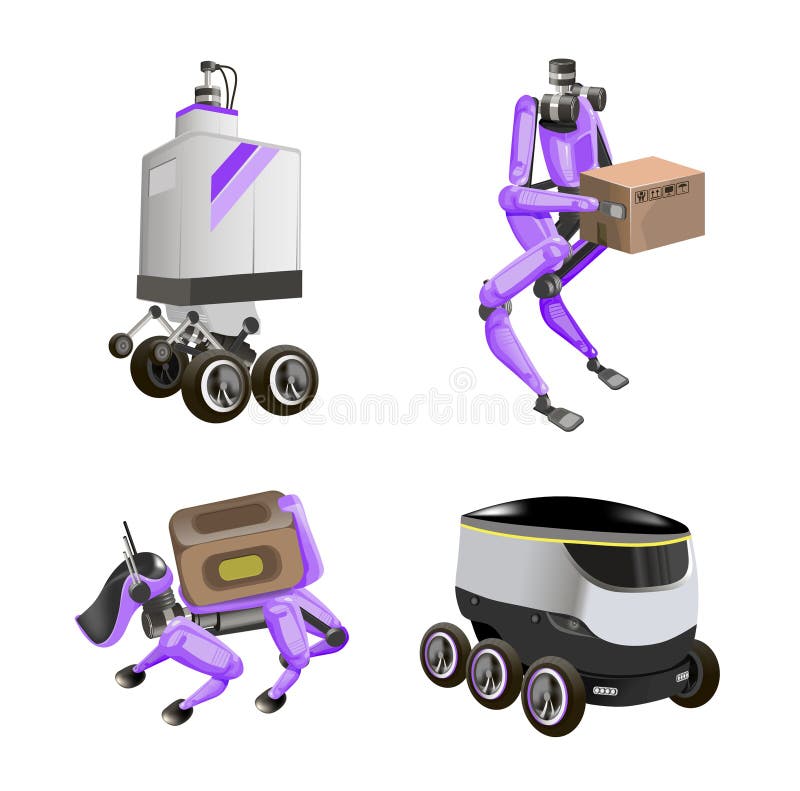 Collection with Modern Robots Delivery Methods. Robots with Boxes and ...