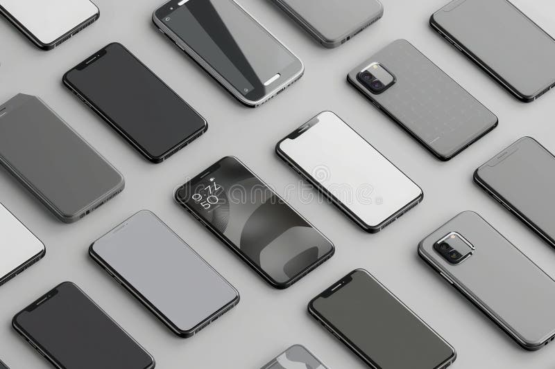 A Collection of Modern Smartphones Arranged in Various Angles on a Gray ...