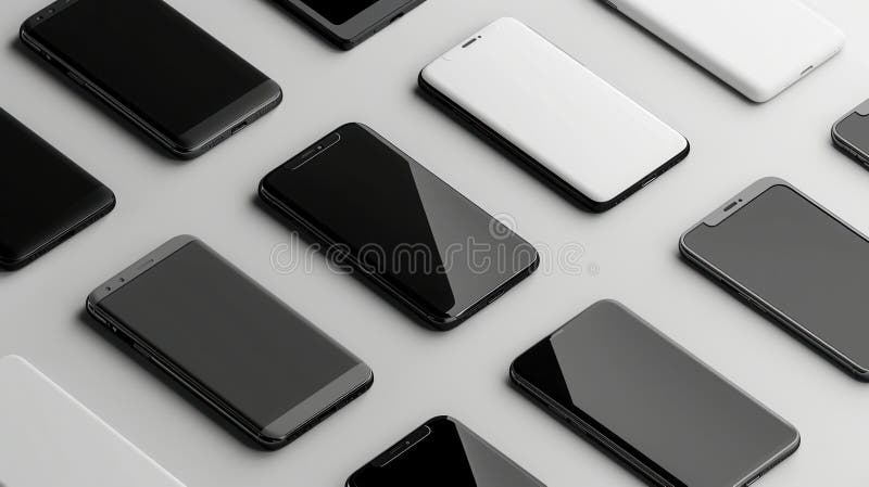 A Collection of Modern Smartphones Arranged in Various Angles on a Grey ...
