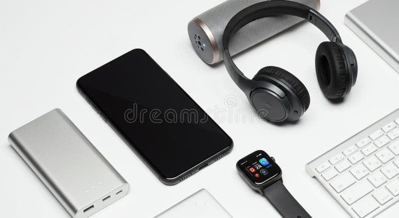 A Collection of Modern Tech Gadgets on a White Surface. Visible Items ...