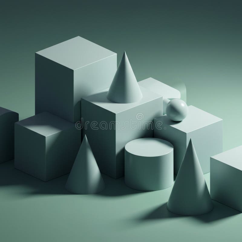 A Collection of Monochromatic Geometric Shapes, Including Cubes, Cones ...