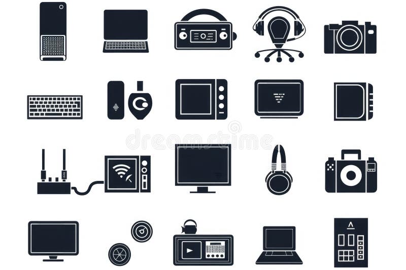 Collection of Monochromatic Icons Depicting Various Electronic Devices ...