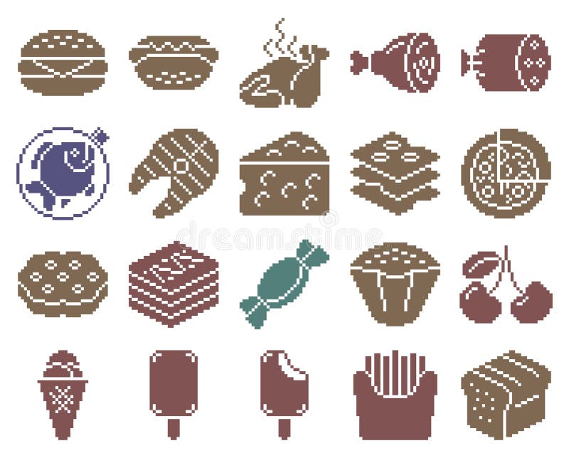 Collection of Monochromatic Pixel Food Icons Stock Vector ...