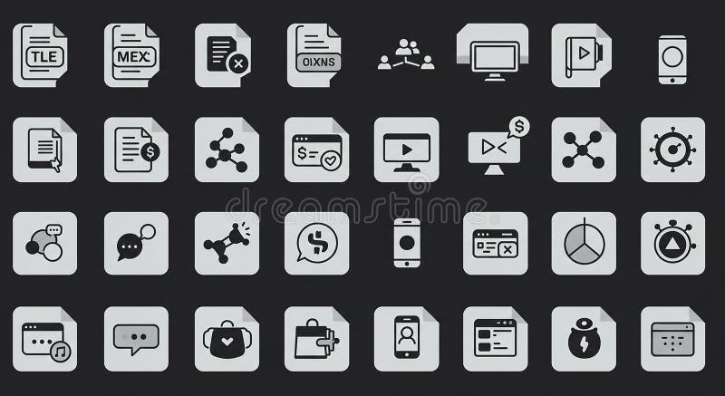 A Collection of 35 Monochrome Icons Arranged in a Grid on a Dark ...