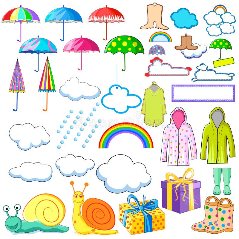 Collection of Monsoon and Rainy Day Object Including Raincoat, Umbrella ...