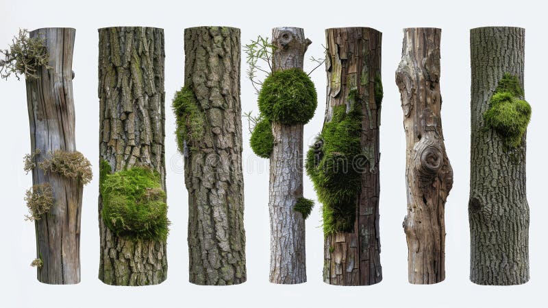 Collection of Moss Covered Tree Trunks in Various Textures and Shapes ...