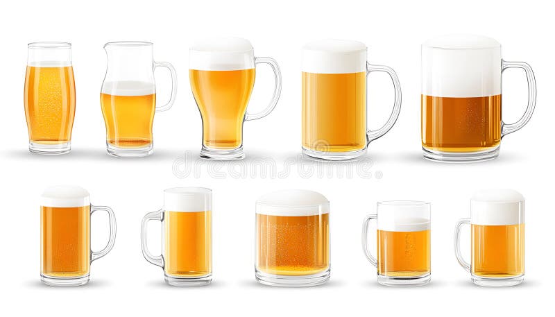 Collection Mug Beer Glasses and Different Beer Types Isolated on White ...