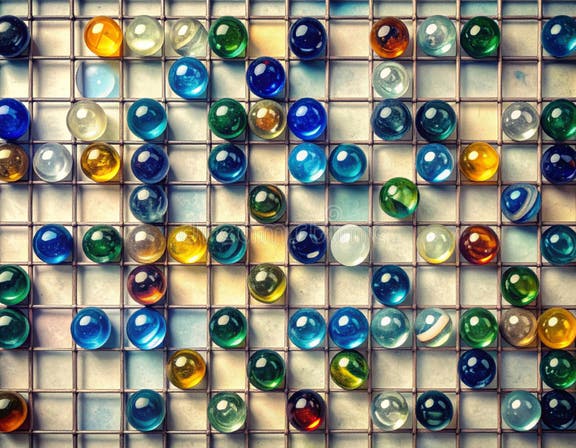 Collection of Multicolored Glass Marbles on a Square Tile Grid Pattern ...