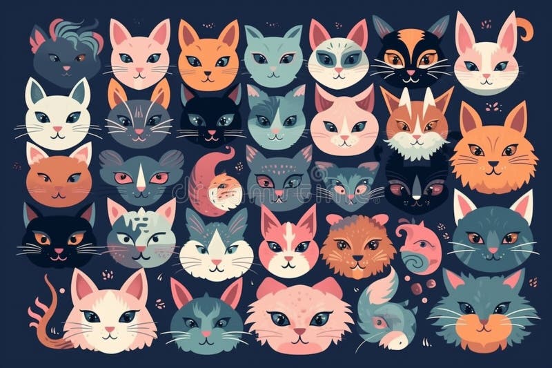 A Collection of Multiple Cute Cats Faces - Colorful Hand Drawn ...