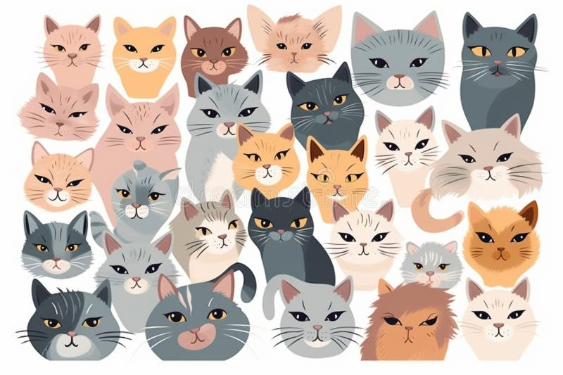 A Collection of Multiple Cute Cats Faces - Colorful Hand Drawn ...