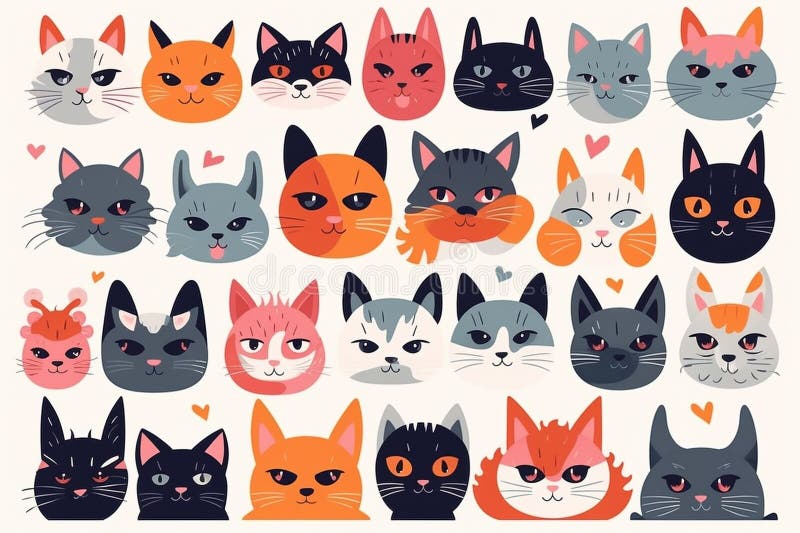 A Collection of Multiple Cute Cats Faces - Colorful Hand Drawn ...