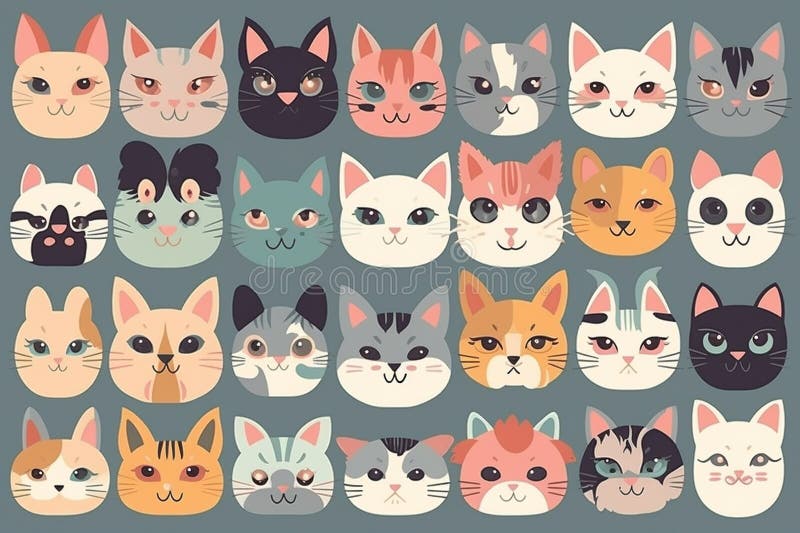 A Collection of Multiple Cute Cats Faces - Colorful Hand Drawn ...