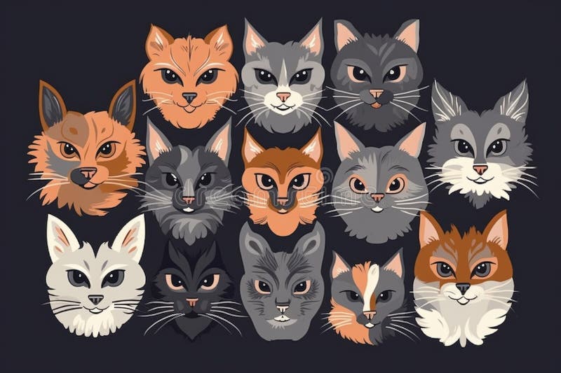 A Collection of Multiple Cute Cats Faces - Colorful Hand Drawn ...