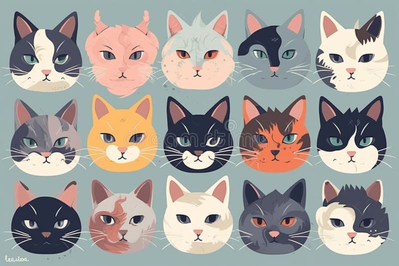 A Collection of Multiple Cute Cats Faces - Colorful Hand Drawn ...