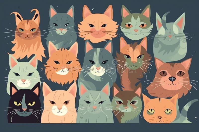 A Collection of Multiple Cute Cats Faces - Colorful Hand Drawn ...