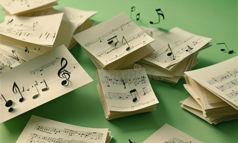 Collection Music Notes and Scores Scattered on Green Background, with ...