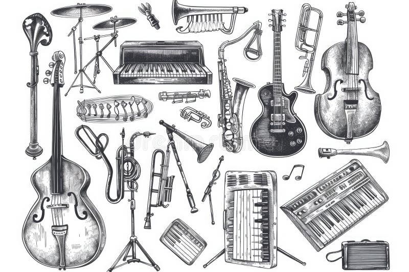Collection of Musical Instruments on a Flat Surface, Various Types and ...