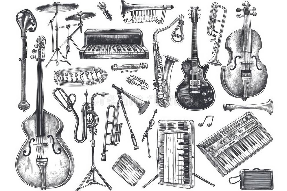 Collection of Musical Instruments on a Flat Surface, Various Types and ...