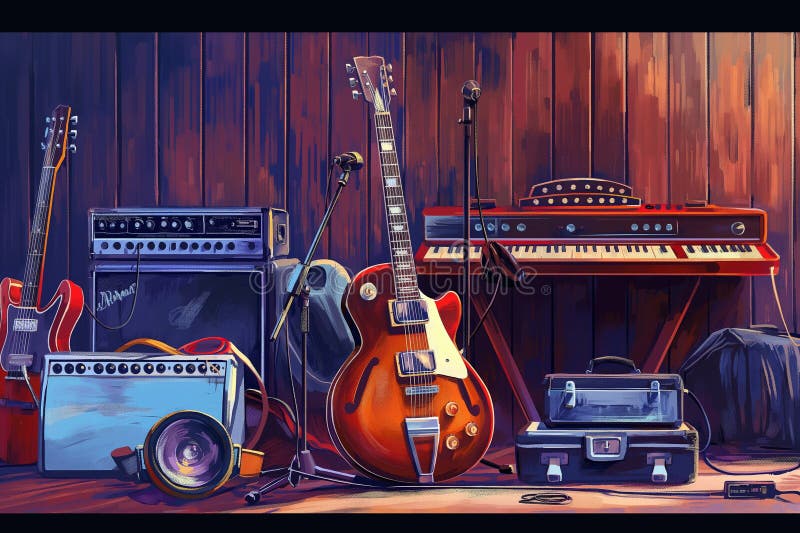 A Collection of Musical Instruments Including a Guitar, Keyboard Stock ...