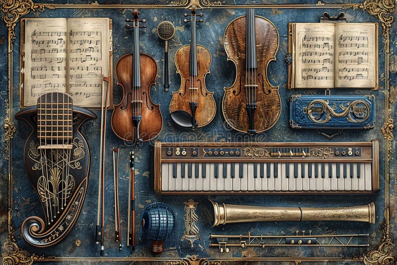 A Collection of Musical Instruments Including Violins, Cellos, and ...