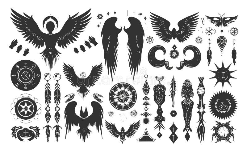 Collection of Mystical Tribal Wing Designs and Symbolic Patterns Stock ...
