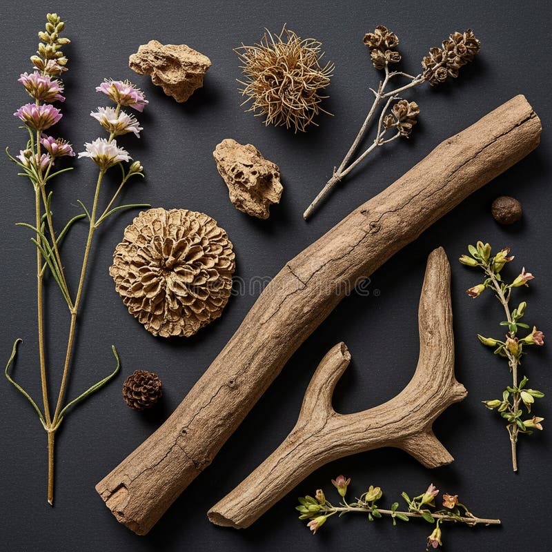 A Collection of Natural Objects on a Dark Surface Includes Driftwood ...